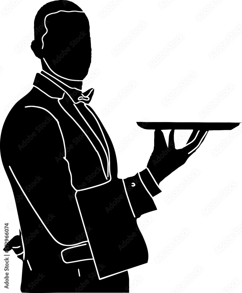 silhouette of side view of waiter holding food plate, monochrome vector ...