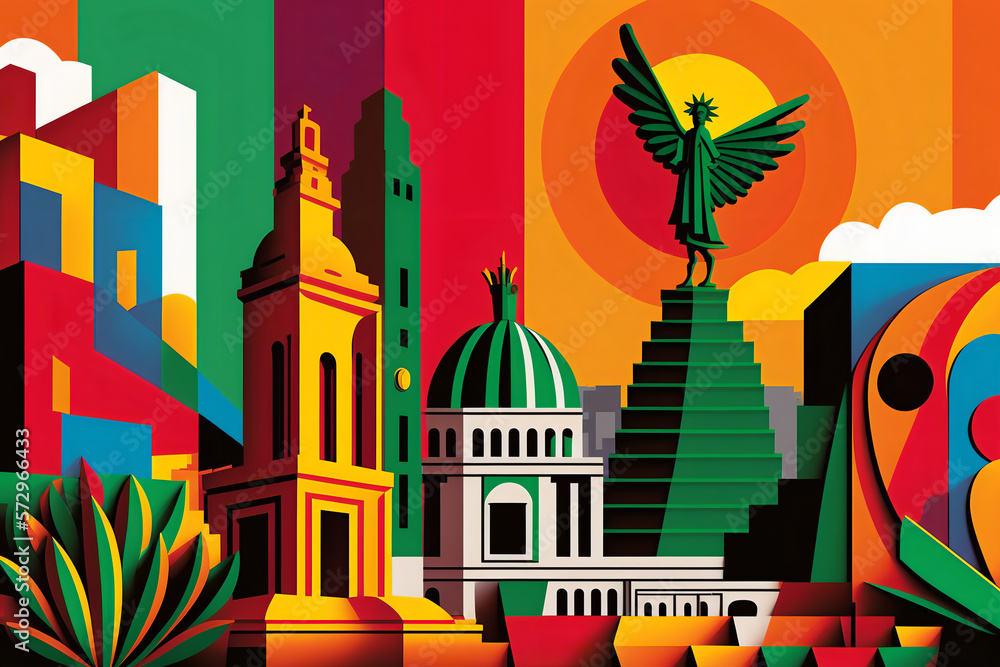 A vibrant digital illustration of Mexico City's skyline featuring ...