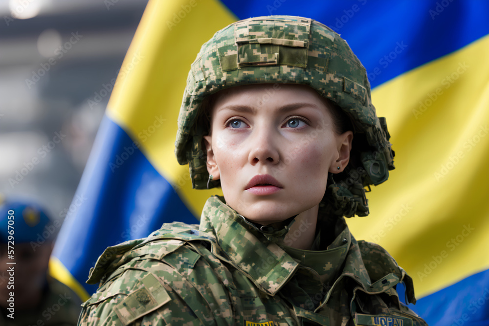 Woman soldier in uniform and helmet. Ukrainian flag background ...