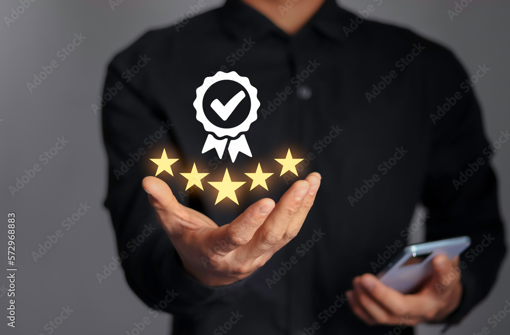 Hand showing the symbol of leading service Quality assurance, assurance ...