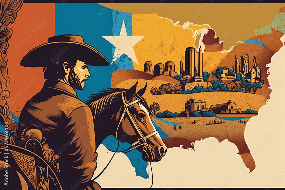 A vibrant digital illustration of Texas, featuring a cowboy on ...