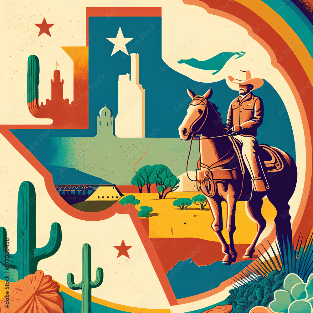 A vibrant digital illustration of Texas, featuring a cowboy on ...
