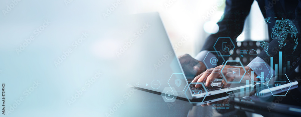 Digital marketing, online business, Businessman using laptop computer ...