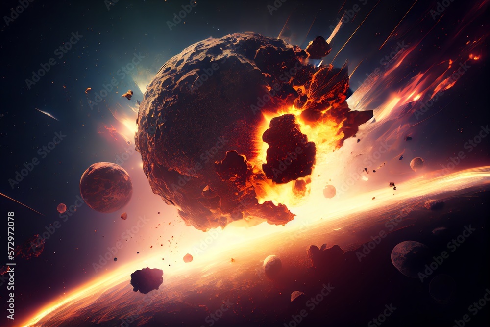 Asteroid Impact. End Of World. Judgment Day. Group Of Burning Exploding ...