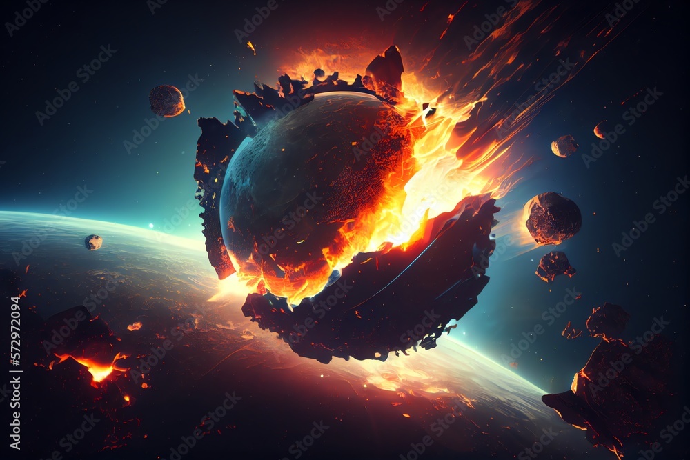 Asteroid Impact. End Of World. Judgment Day. Group Of Burning Exploding ...