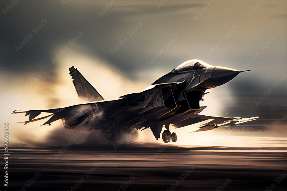 Combat Military Fighter Rapidly Takes Off At High Speed From The Runway ...