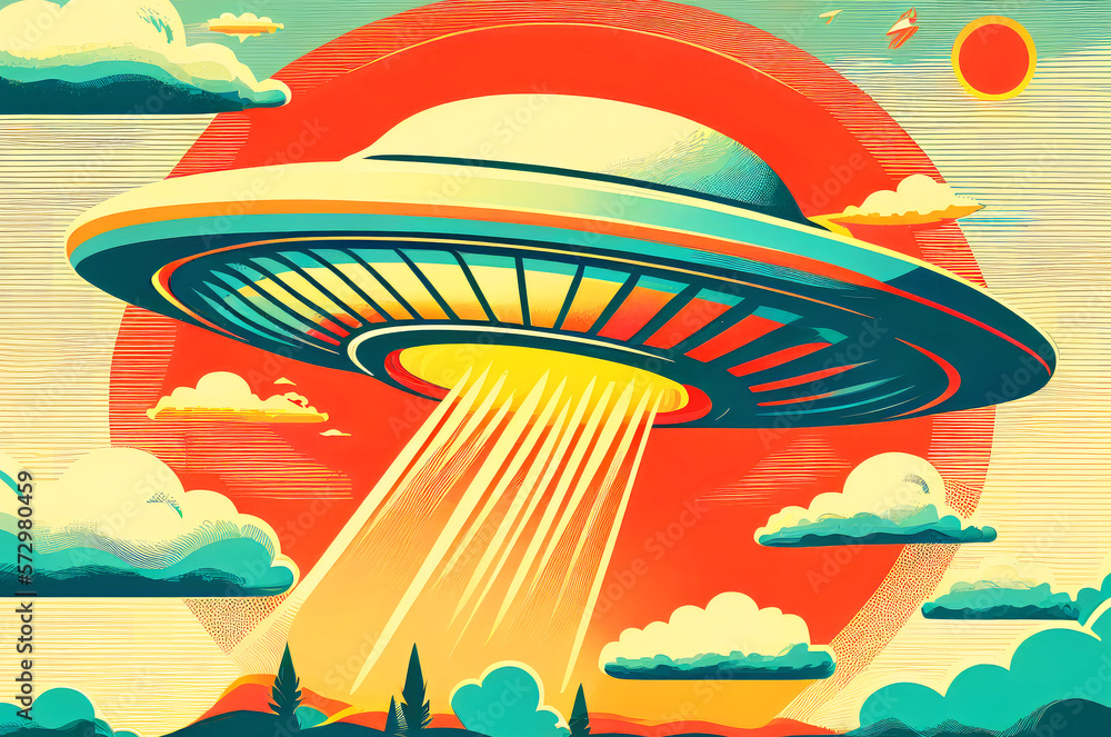 Extraterrestrial UFO Flying Saucer, dynamic view, colorful illustration ...
