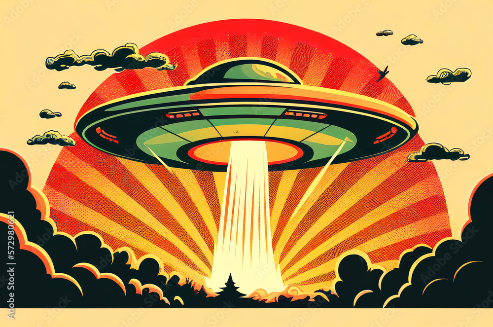 Extraterrestrial UFO Flying Saucer, dynamic view, colorful illustration ...