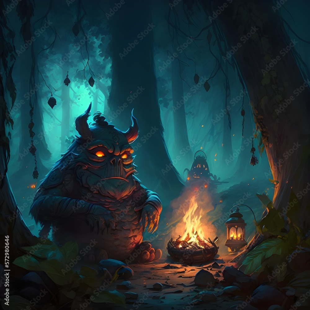 digital painting concept art gothic fantasy night dense forest with a ...