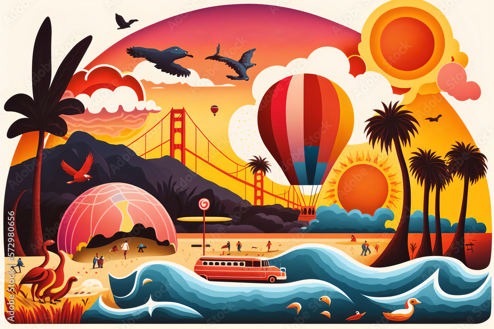 A whimsical illustration of California, featuring the iconic Golden ...