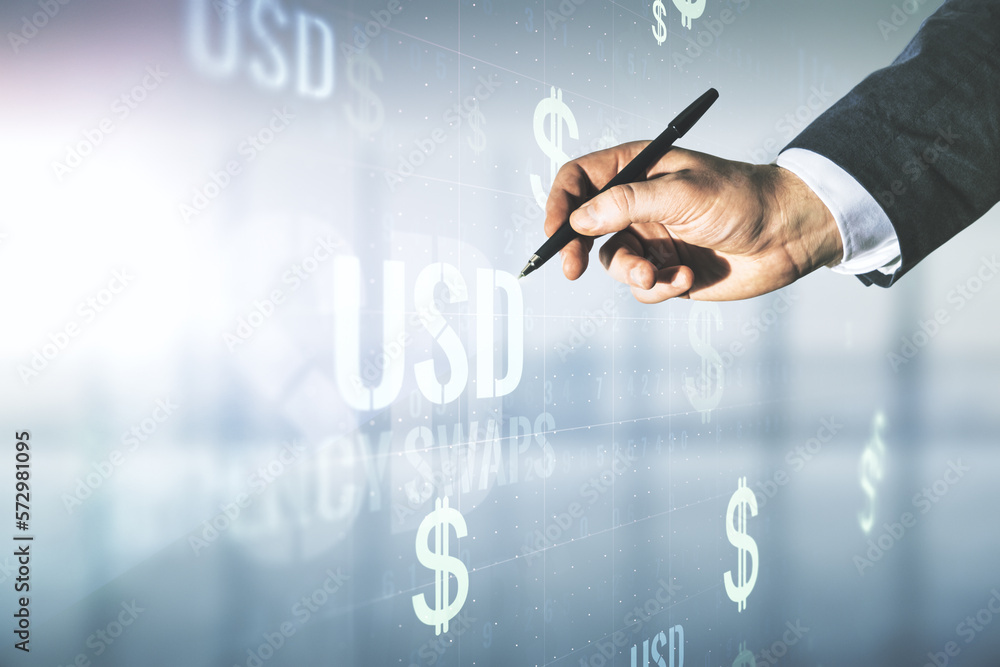 Man hand with pen working with virtual USD symbols illustration on ...