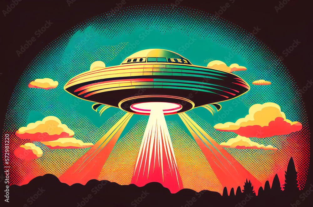 Extraterrestrial UFO Flying Saucer, dynamic view, colorful illustration ...
