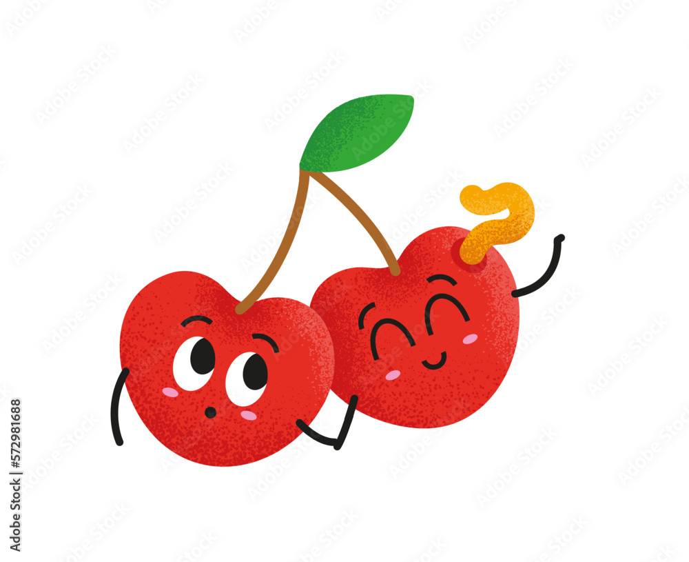 Happy sour cherry and a worm vector illustration for children. Two cute ...