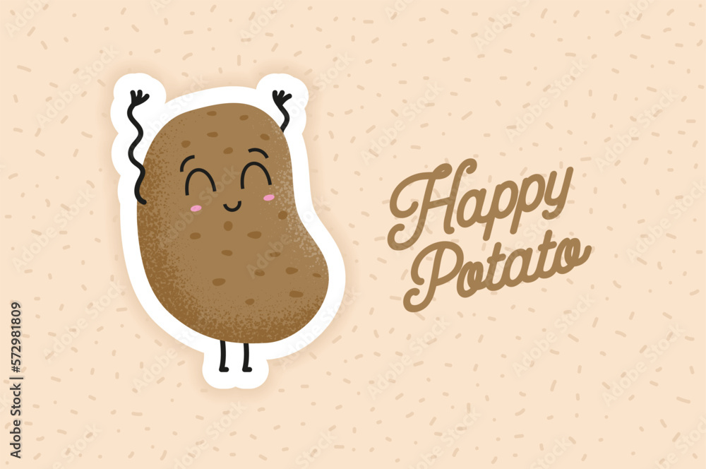 Cute brown cartoon potato character laughing and waving hands on a ...