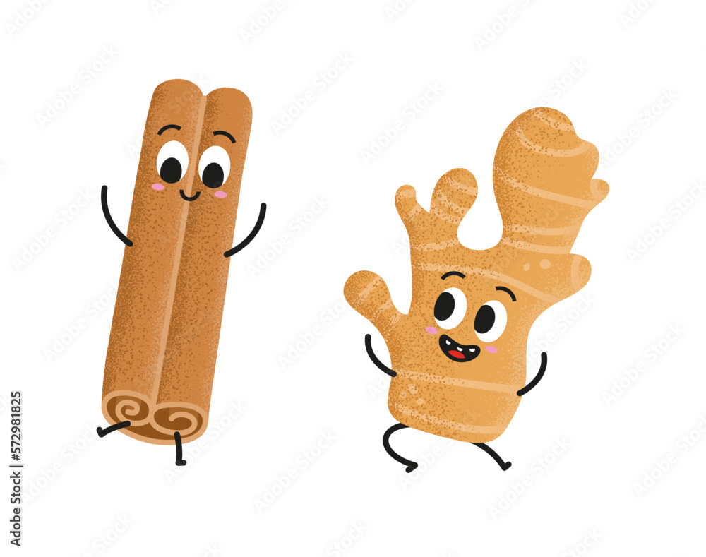 Cute ginger and happy cinnamon dance on white background. Cute cartoon ...