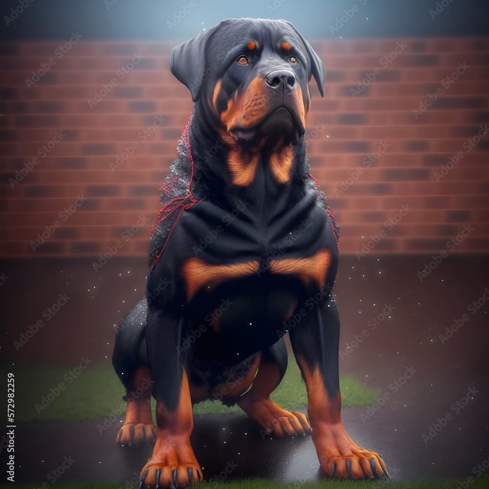 abstract rottweiler in a red superhero costume glowing rainy day full ...