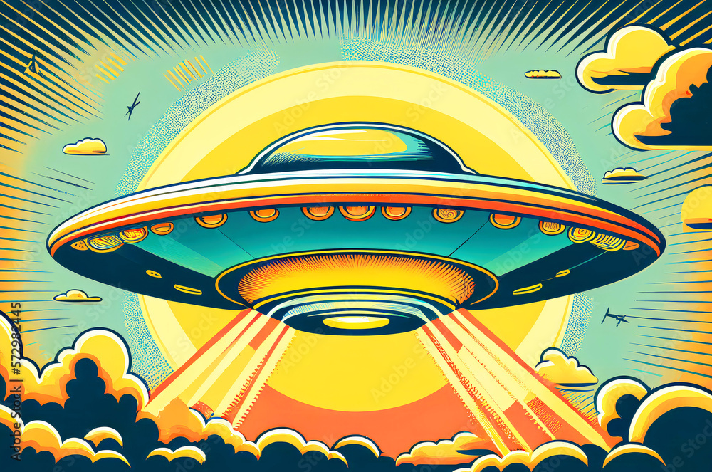 Extraterrestrial UFO Flying Saucer, dynamic view, colorful illustration in Retro 60s and 70s ...