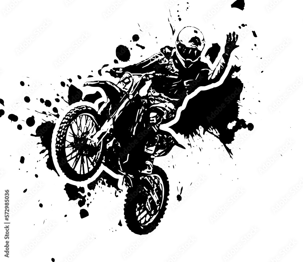 Motorbike stunt vector silhouette on splash grunge background, vector of black and white jumping ...