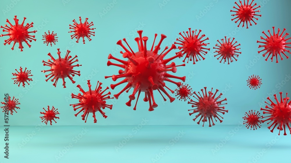 Banner with virus cells 3d Illustration. Red covid cells on blue ...