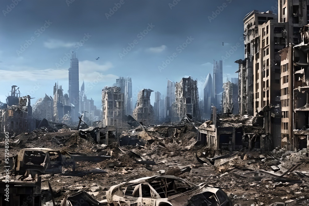 Apocalyptic View Of Destroyed City Buildings. Post Apocalypse After ...