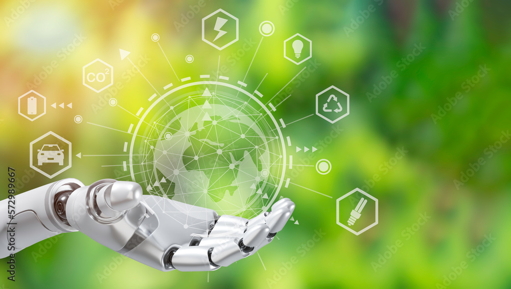 Robot arm holding earth on green tree background,Environment concept ...