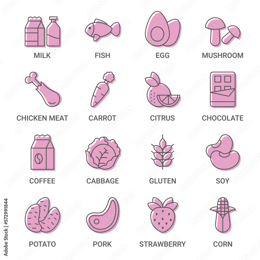 Food allergy symbols. Warning allergic icons. Restaurant meal. Grain ...