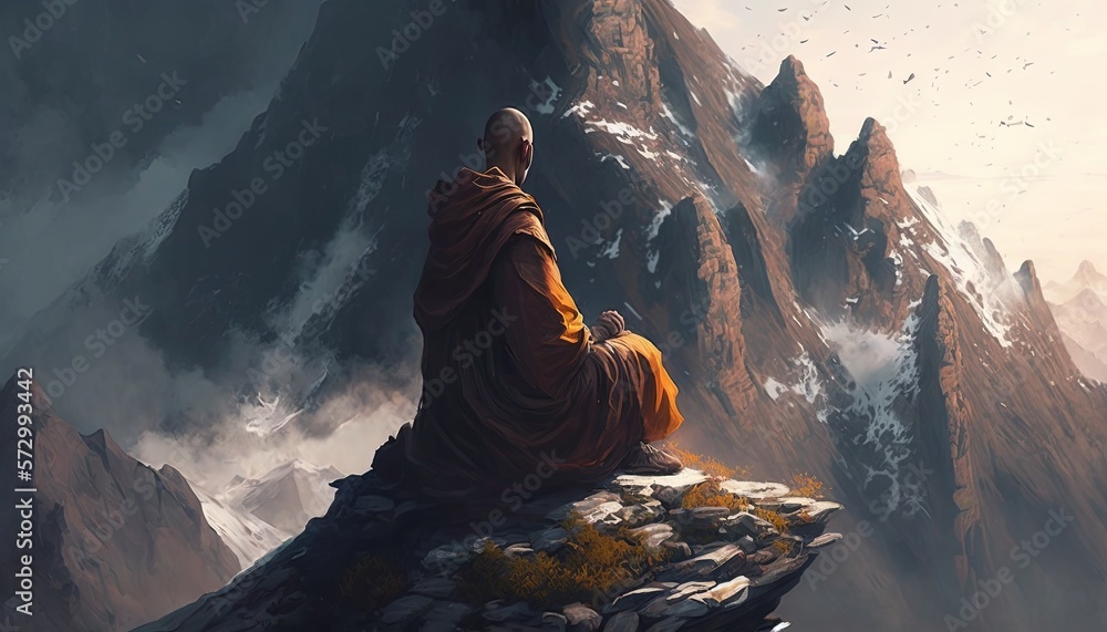 Buddhist monk sitting on the mountain's peak, watching the sunset while ...