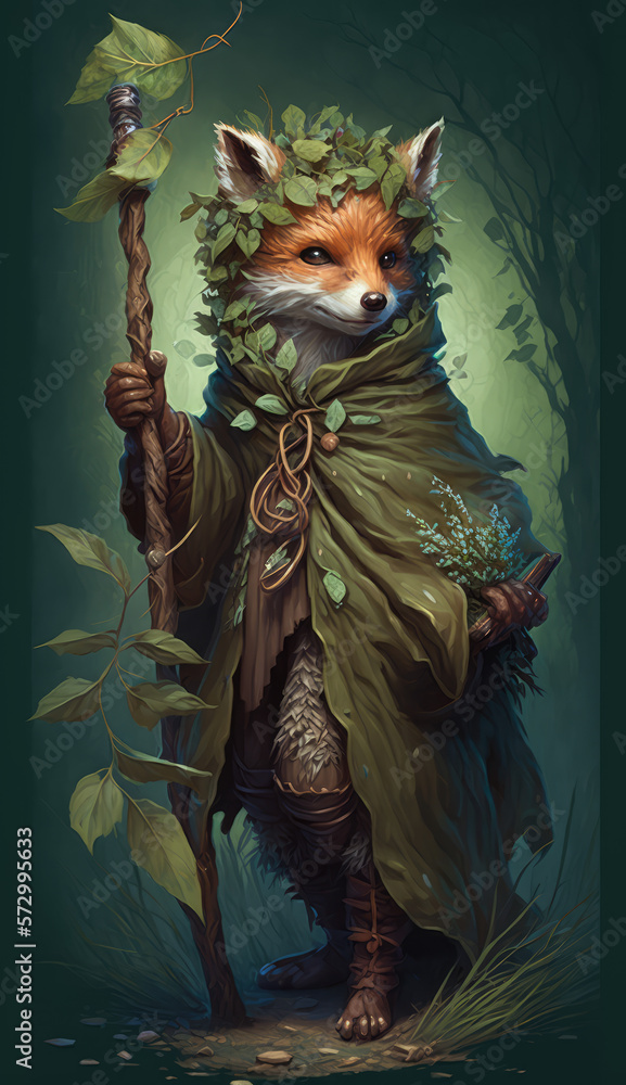 "The Cute Fox Dryad with a Shiny Wooden Magic Staff in an Enchanted ...