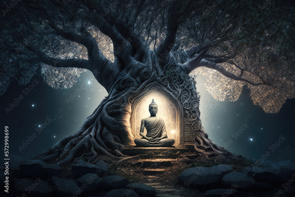 Enlightened Buddha under the Bodhi tree, generative AI Stock ...