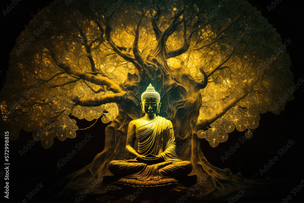 Enlightened Buddha under the Bodhi tree, generative AI Stock ...