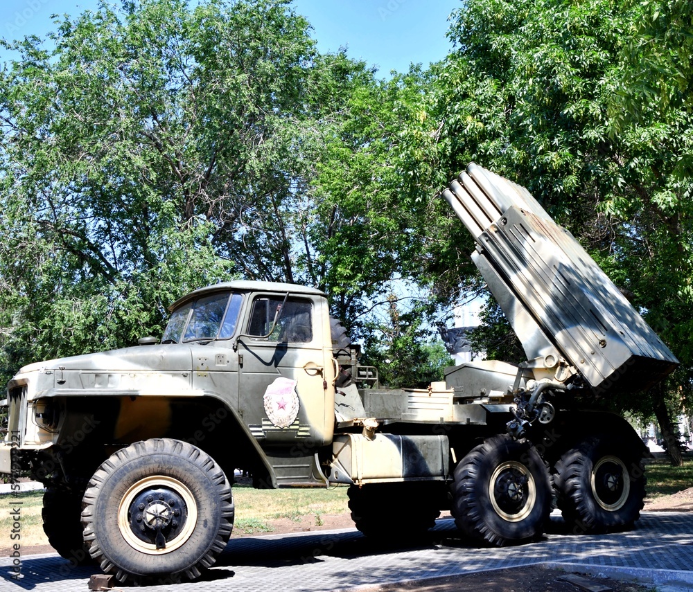 Elements of MLRS "Grad" BM-21 - Soviet and Russian multiple launch rocket system (MLRS) of 122 ...
