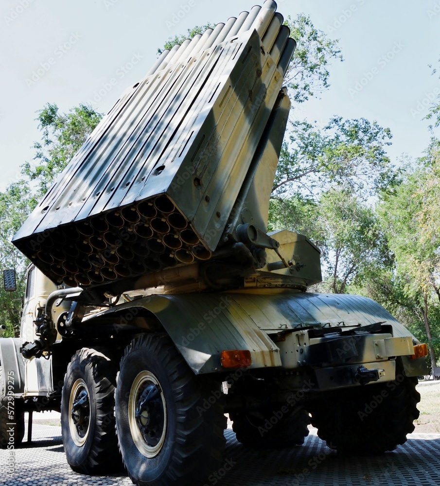 Elements of MLRS "Grad" BM-21 - Soviet and Russian multiple launch rocket system (MLRS) of 122 ...