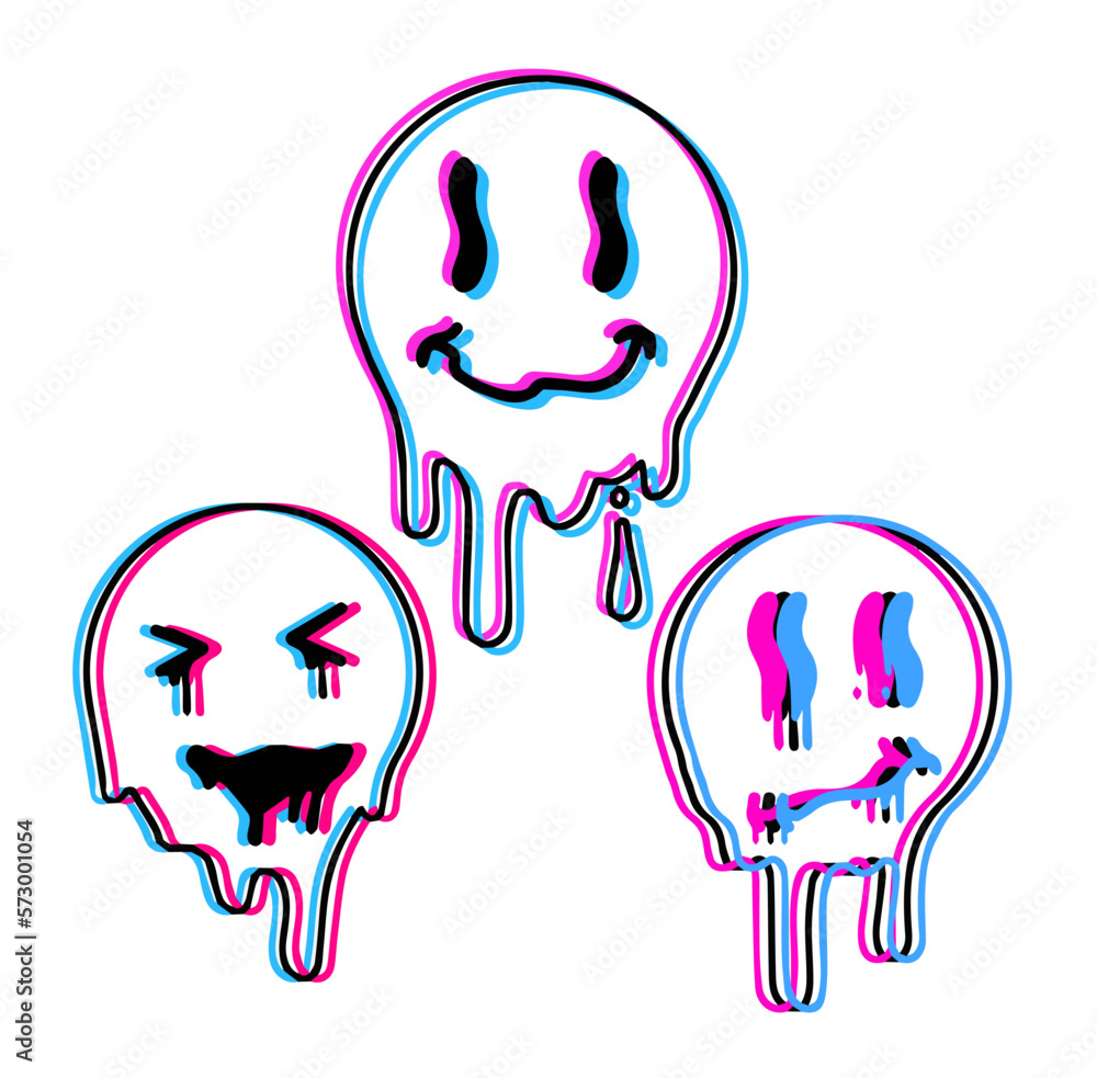 Acid smile face. Set of Melted rave and techno Stock Vector | Adobe Stock