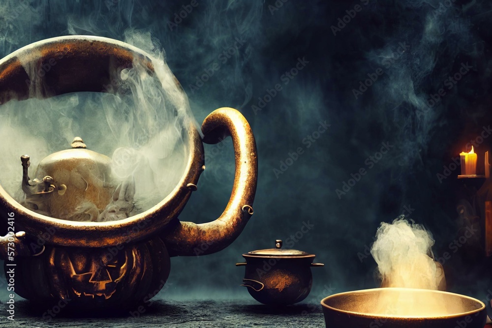 Dense steam above a boiling cauldron. Magical pot with boiling and ...