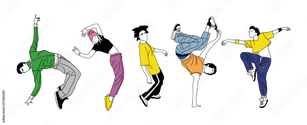 Set of teenager dancers hip hop, breakdance outline vector drawing ...