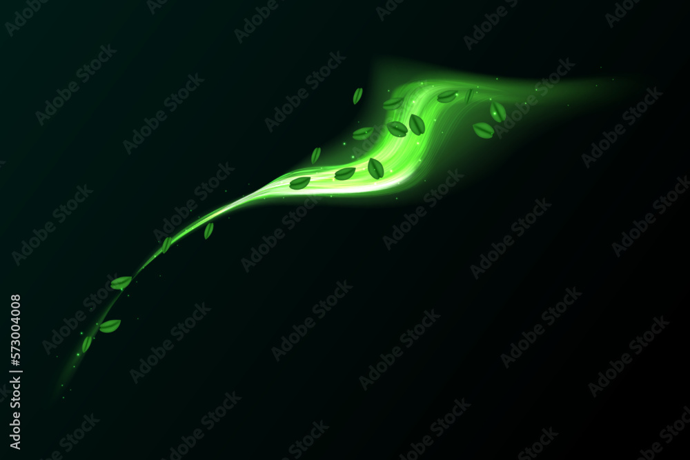 Abstract wind swirls with green leaves and sparkles isolated. Vector ...