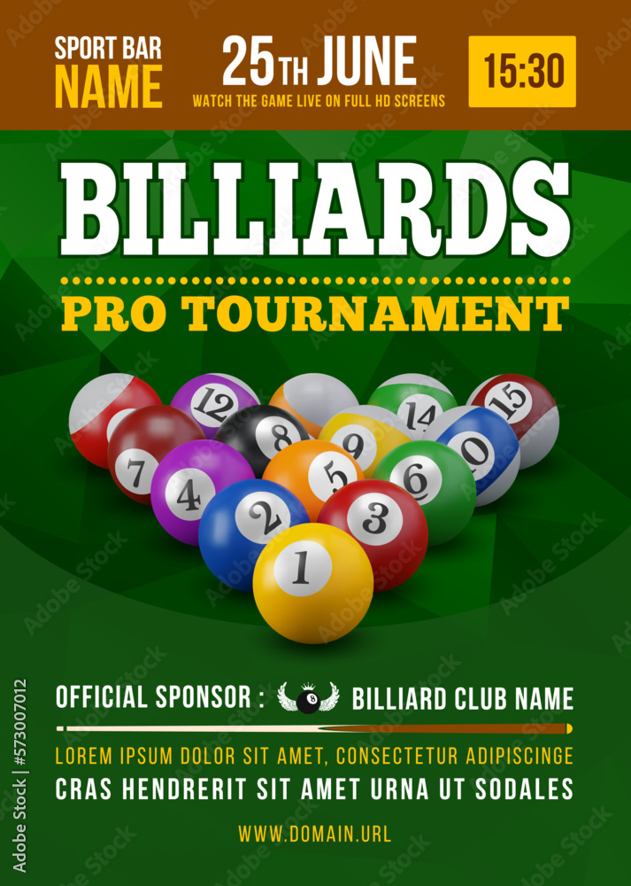Pool billiards tournament poster with 3d realistic billiards balls ...