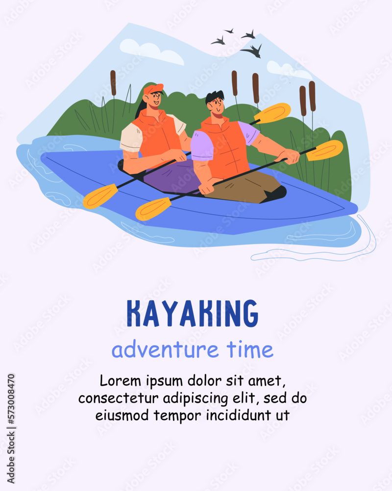 Kayaking sport and adventure banner or poster background, flat cartoon ...