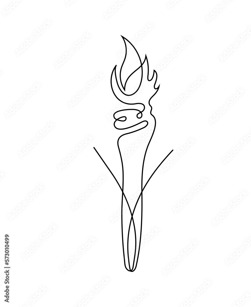 Continuous line drawing of a torch. One line drawing of a flame with ...