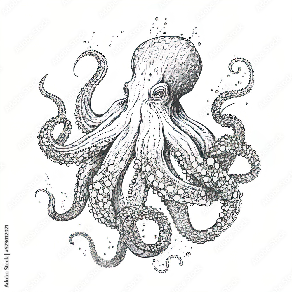 Detailed hand drawn cartoon octopus character on isolated background ...