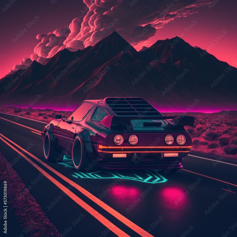 Neon lights on the road. Racing car driving on highway. Concept of car ...