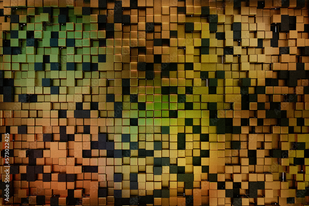 Abstract 3d square pixels template gold and black metal colors. Red ...