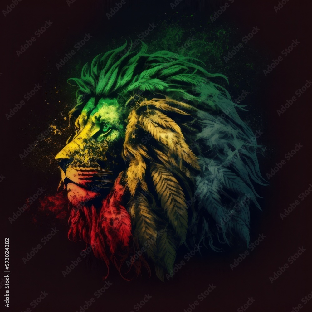 Reggae lion head on marijuana leaf. Concept for reggae music ...