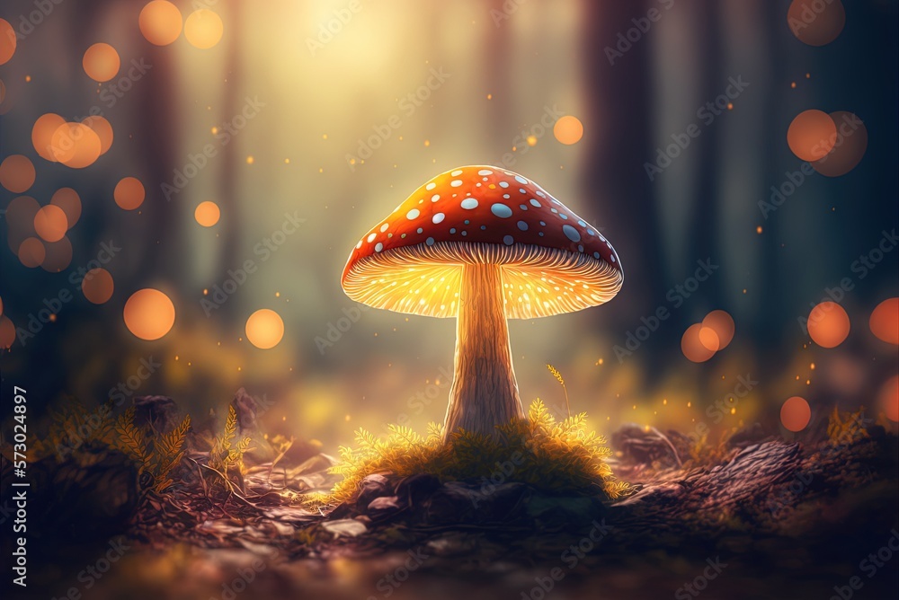 Mushrooms in a daydream, illuminated by the sun's rays as they dance ...
