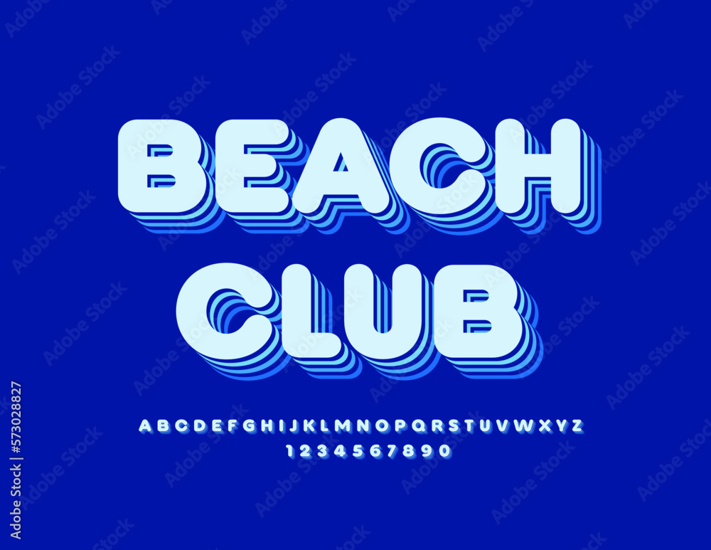 Vector modern Emblem Beach Club. Blue creative Font. Bright 3D Alphabet ...