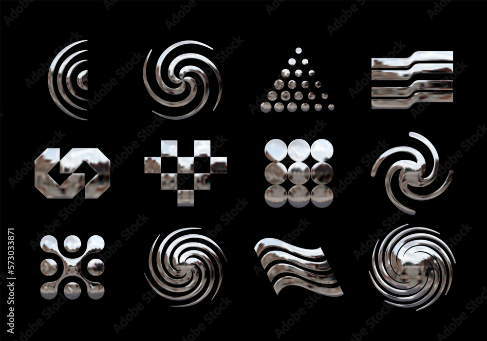 Metallic chrome abstract shapes. Set of modern design elements in Y2K ...