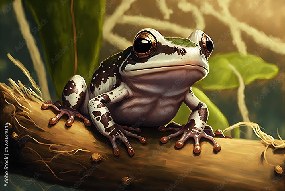 Panda tree frog, a little amazon milk frog, perches on a limb for a ...