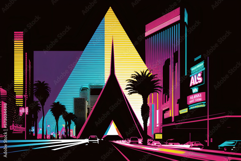A vibrant illustration of the Las Vegas Strip at night, showcasing the iconic Luxor pyramid and ...