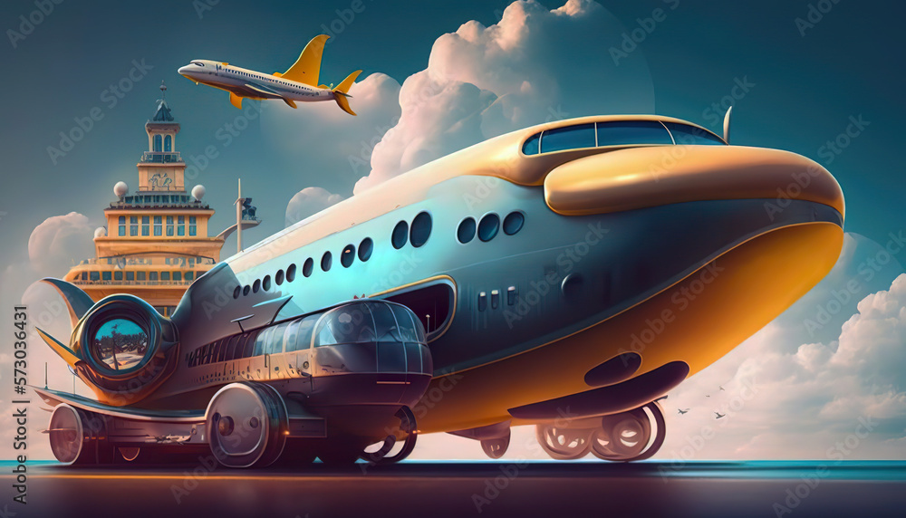 Travel in different modes of transportation by car, plane, spaceship ...