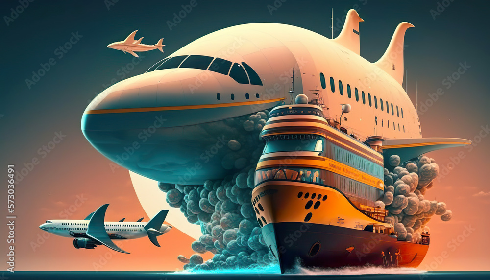 Travel in different modes of transportation by car, plane, spaceship ...